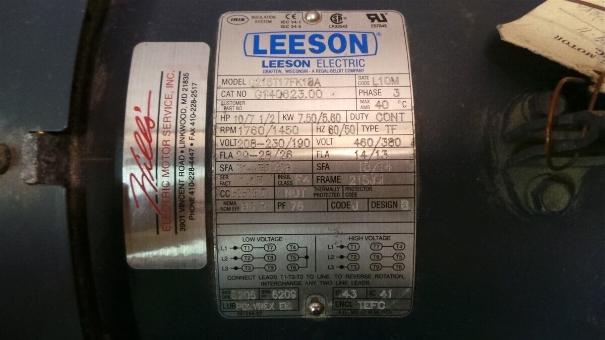 Leeson Electric Motor C215T17FK18A 3 Phase 10-7.5 Rpm 1750 Rebuilt - Equipment Recycle