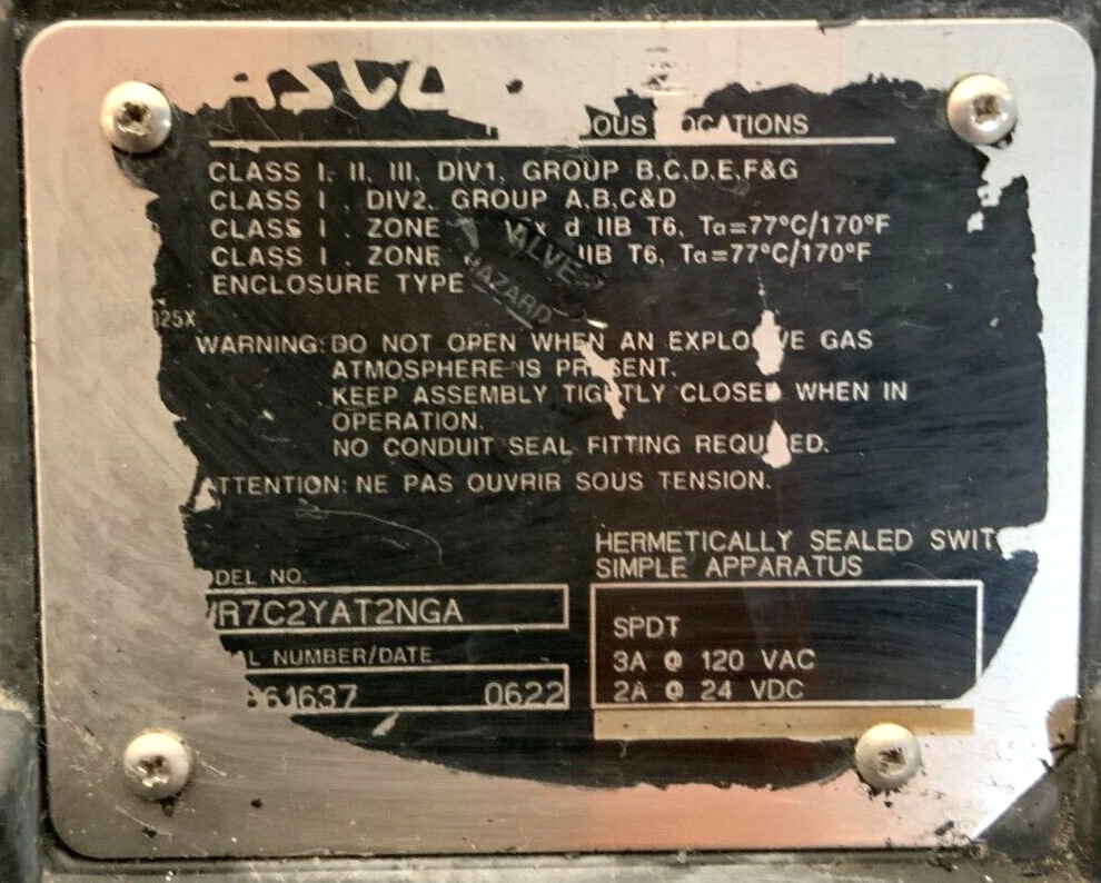 ASCO VR7C2YAT2NGA Hazardous Location Rotary Valve Position Indicator ...