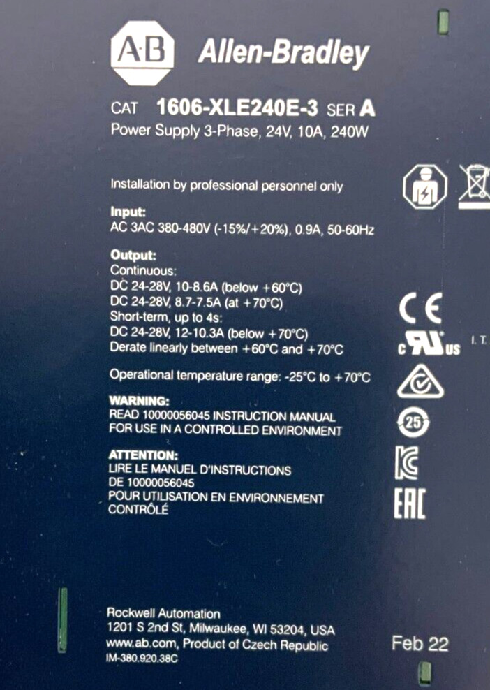 Allen Bradley 1606-XLE240E-3 PLC Electrical Power Supply 24V 10A 3PH ...